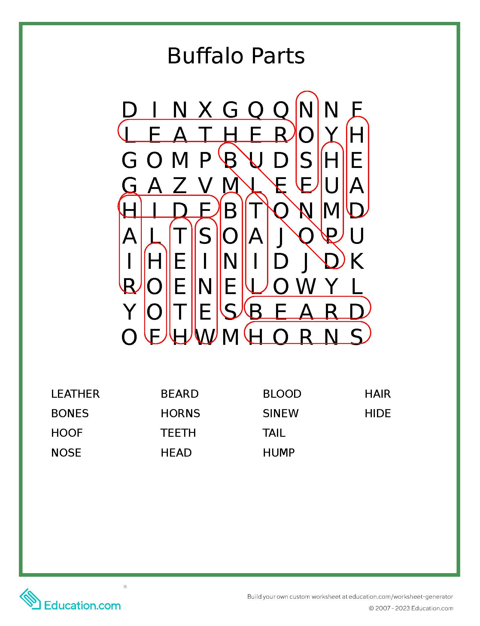 Buffalo Parts Word Search Answer Key – Honouring the Buffalo: A Plains ...